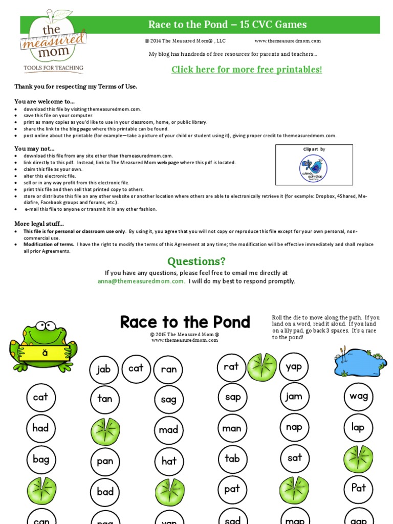 Race To The Pond - 15 CVC Games: Click Here For More Free Printables ...