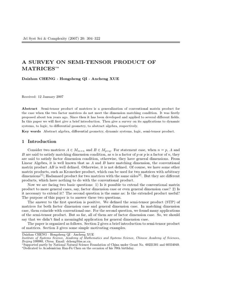 A Survey On Semi-Tensor Product of Matrices: M×N P×Q | PDF | Stability Theory | Matrix (Mathematics)