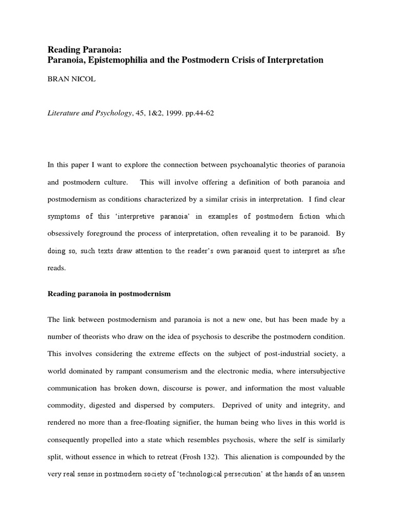 Paranoia and Postmodern Crisis of Interpretation | PDF | Postmodern ...