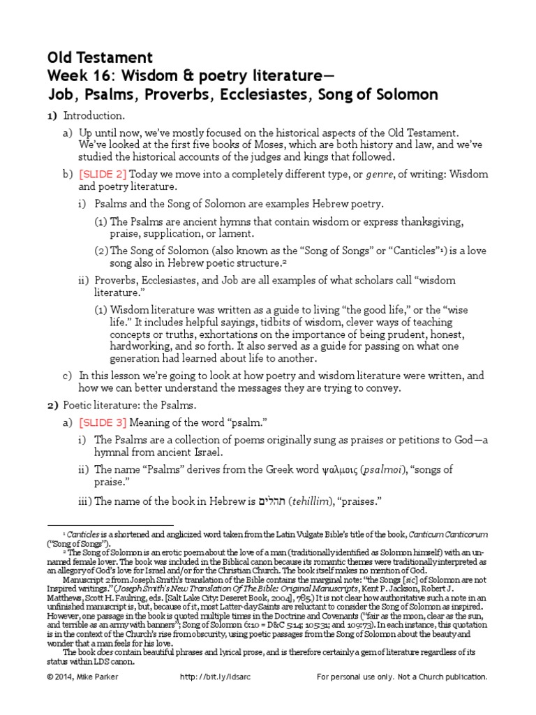LDS Old Testament Notes 16: Wisdom & Poetry Literature (Job, Psalms ...