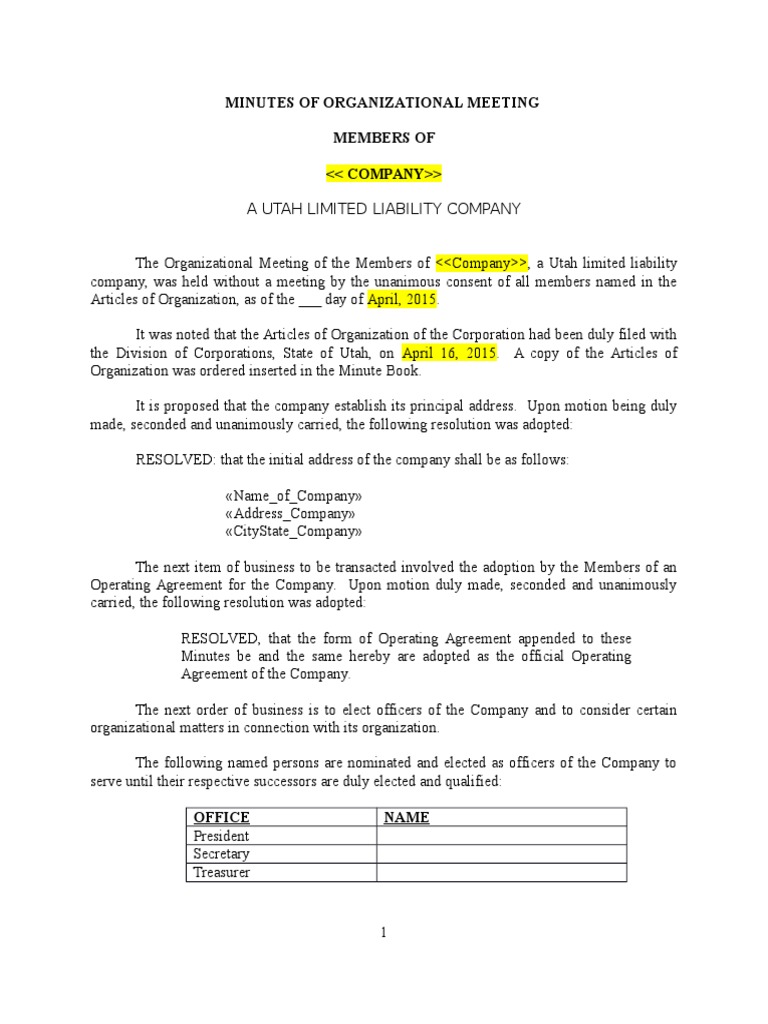 Minutes of Organizational Meeting | Corporations | Banks