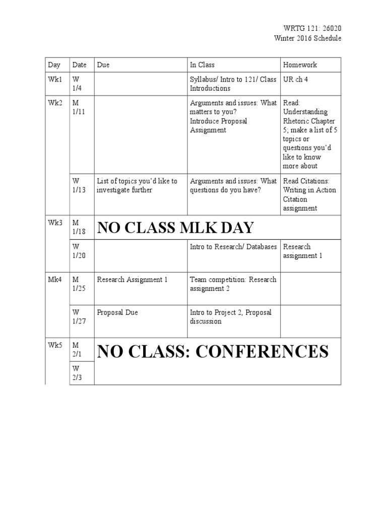 WRTG 121 Winter 2016 Schedule | PDF | Technology & Engineering
