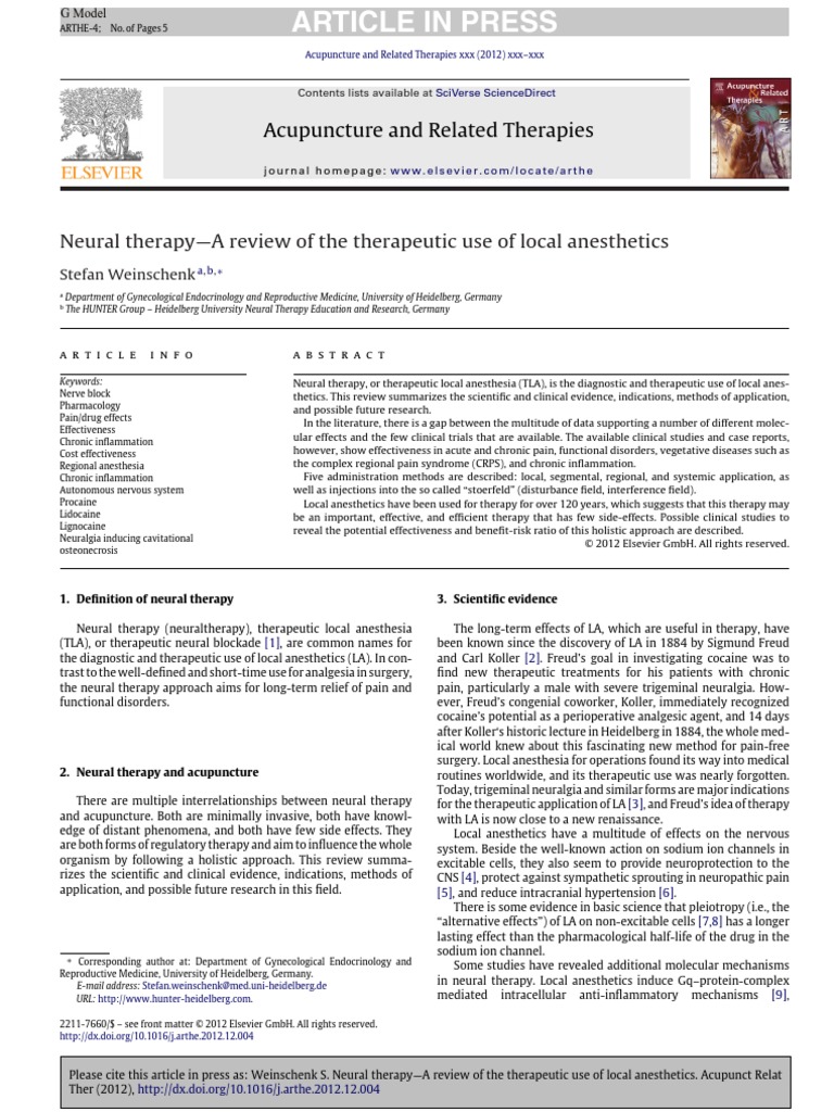 Neural Therapy-A Review of The Therapeutic Use of Local Anesthetics ...