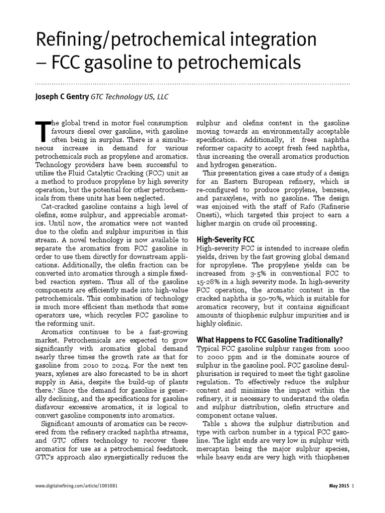 Refining-Petrochemical Integration-FCC Gasoline To Petrochemicals | PDF ...