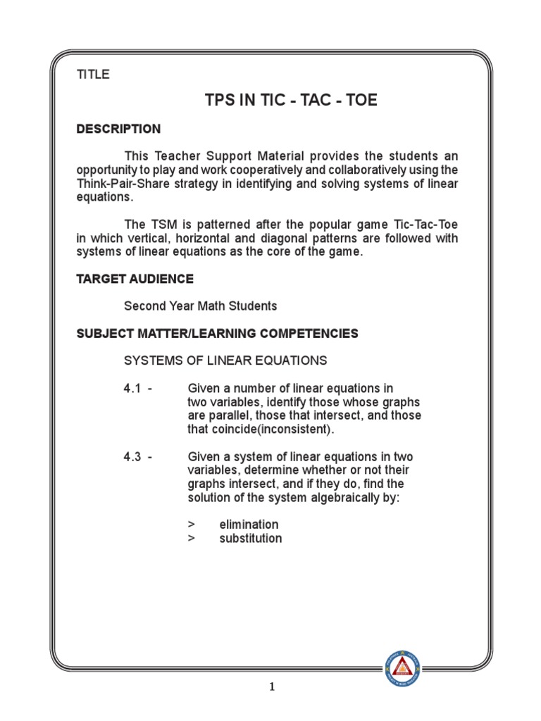 Tic Tac Toe | PDF | System Of Linear Equations | Equations