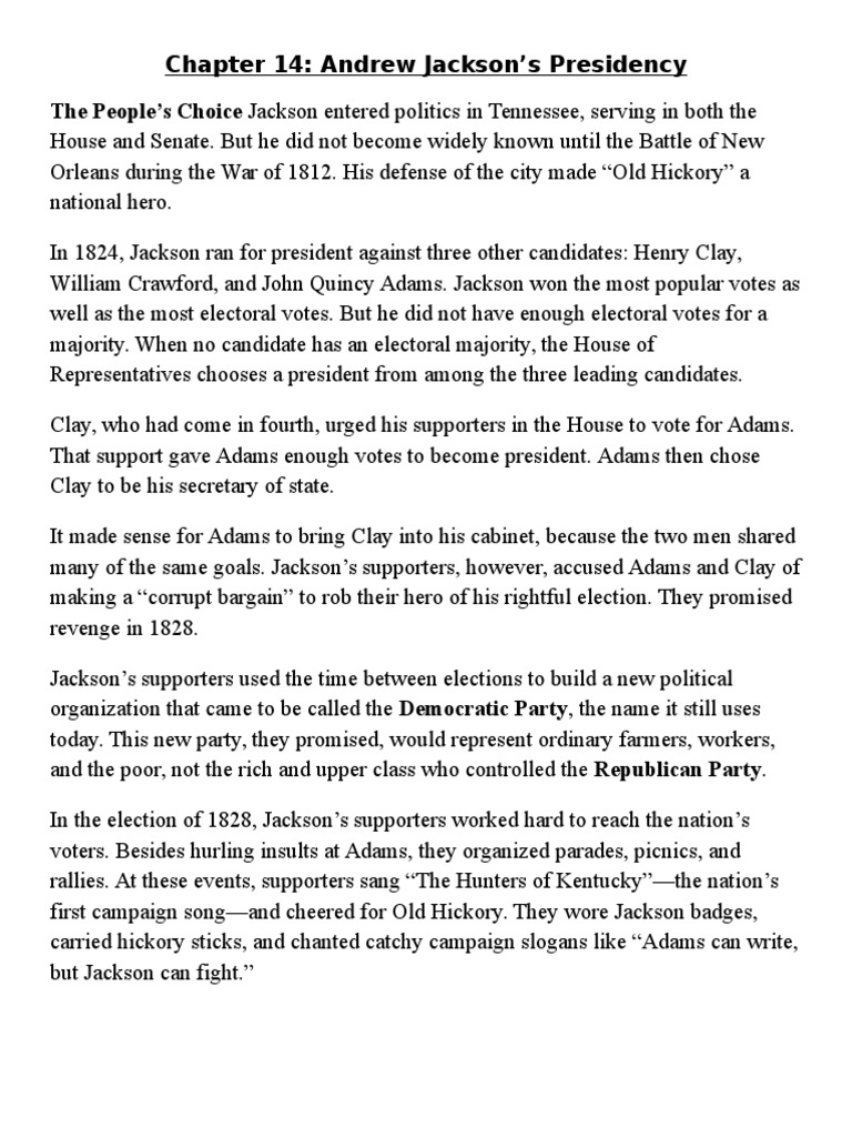 Chapter 14 Andrew Jacksons Presidency | PDF | Andrew Jackson | Heads Of ...