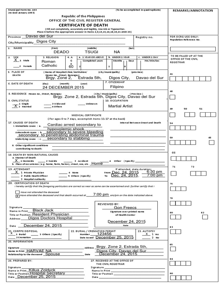 Certificate of Death | Autopsy | Multiple Births