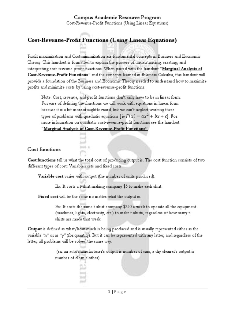 Cost-Revenue Profit Functions (Using Linear Equations) PDF | PDF ...