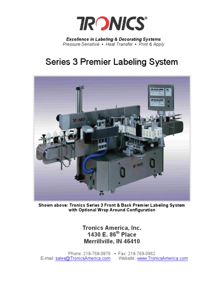 Front and Back Wraparound Labeler - Tronics Series 3 Premier Labeling System Brochure, Catalog | PDF