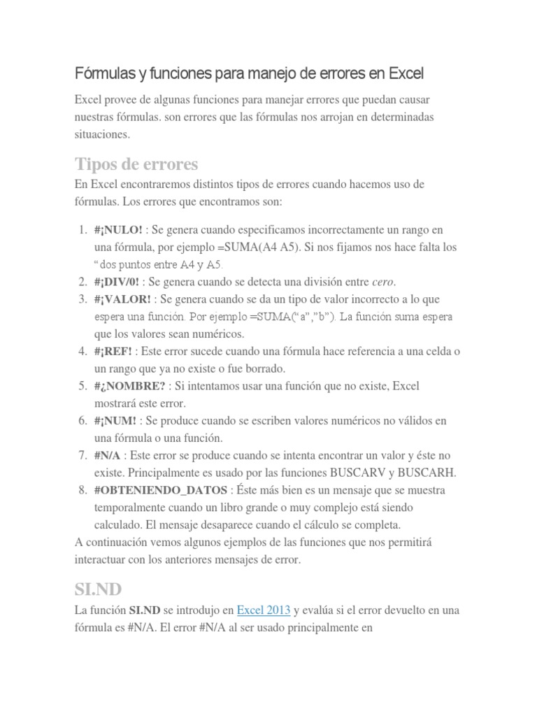 Fórmulas y Funciones para Manejo de Errores en Excel | PDF | Fórmula ...