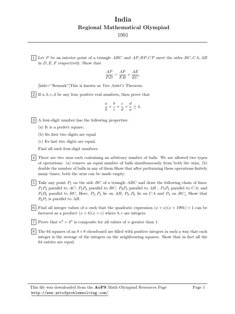 RMO 1991 Problem Set Overview | PDF