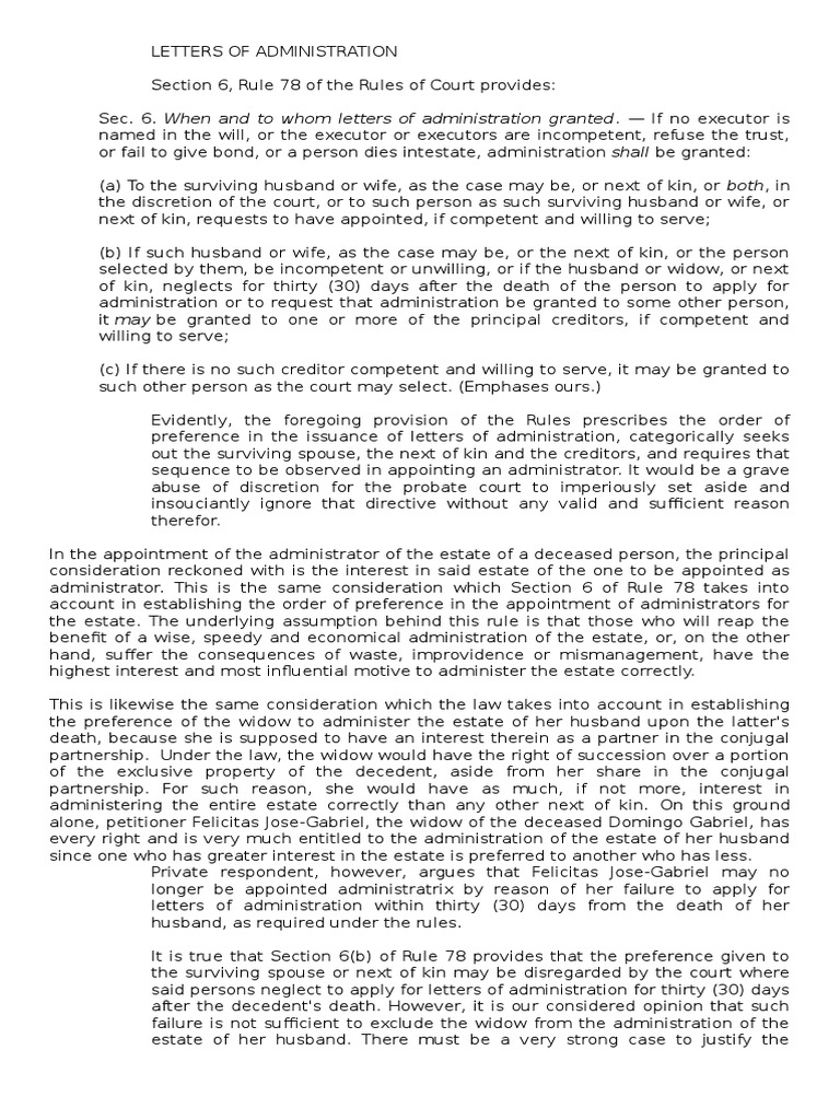 Jurisprudence On Issuance of Letters of Administration | PDF | Will And ...