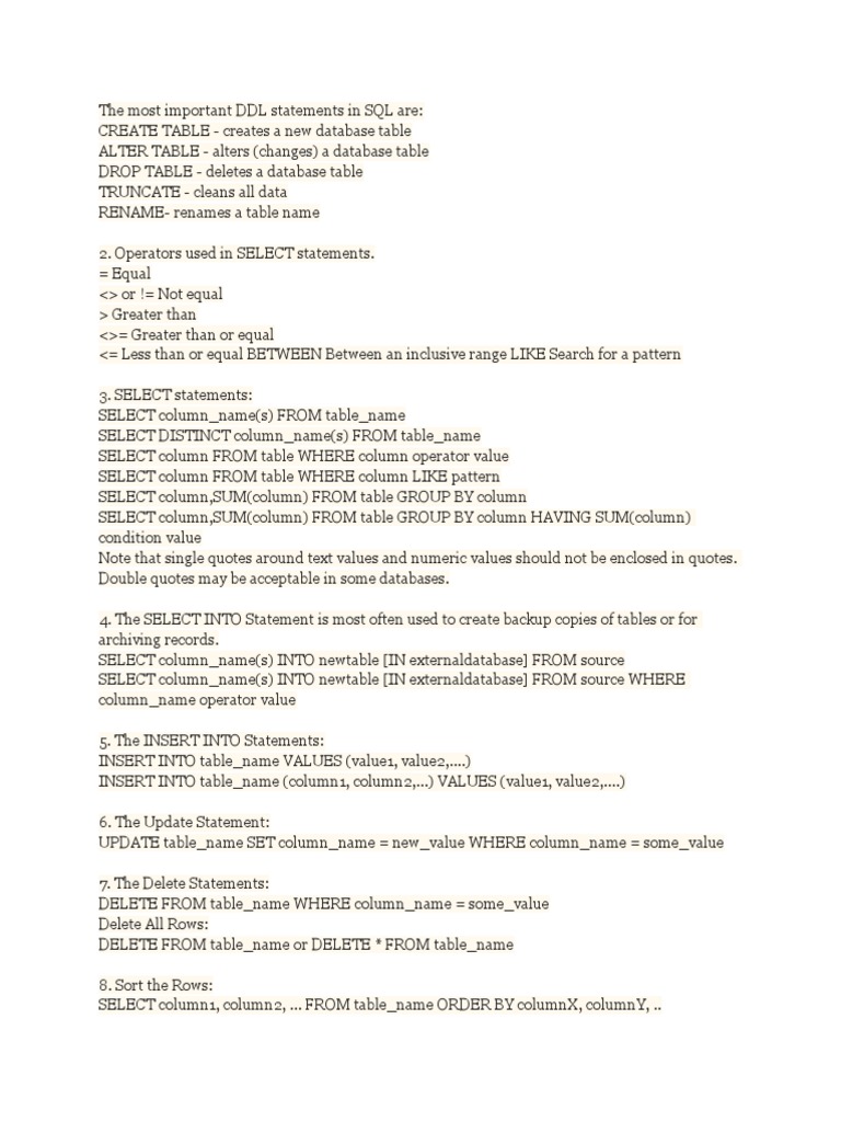 The Most Important DDL Statements in SQL Are | PDF | Pl/Sql | Database Index