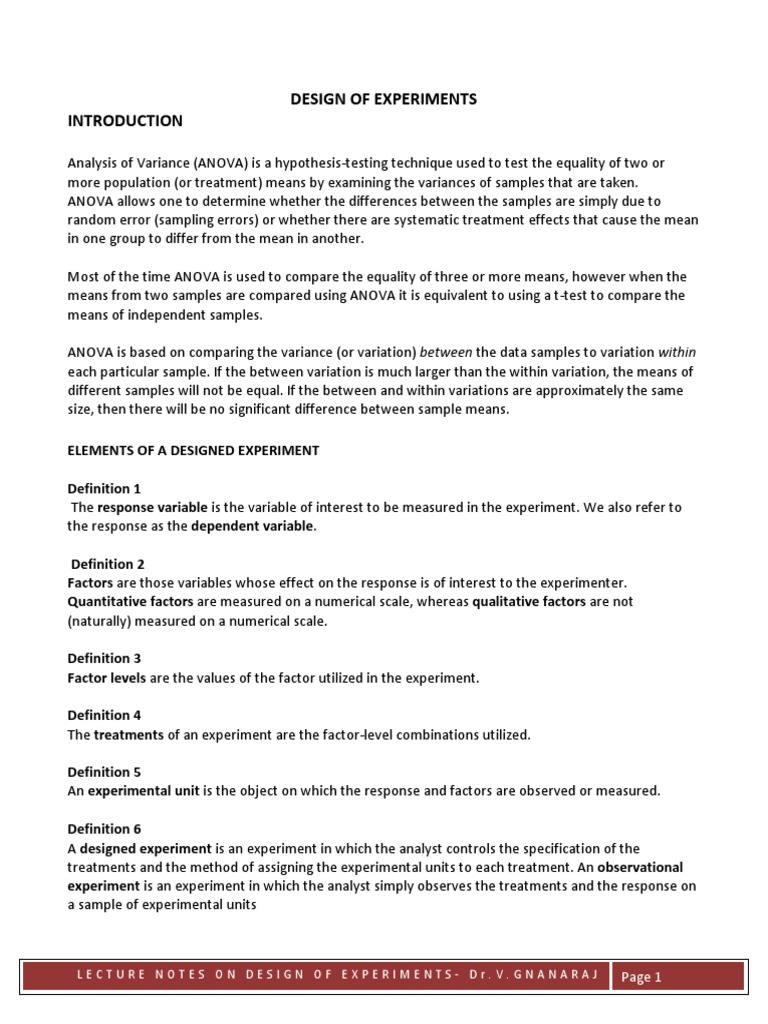 LECTURE Notes On Design of Experiments | PDF | Analysis Of Variance ...