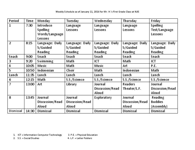 First Grade Weekly Schedule NJIS | PDF | Art