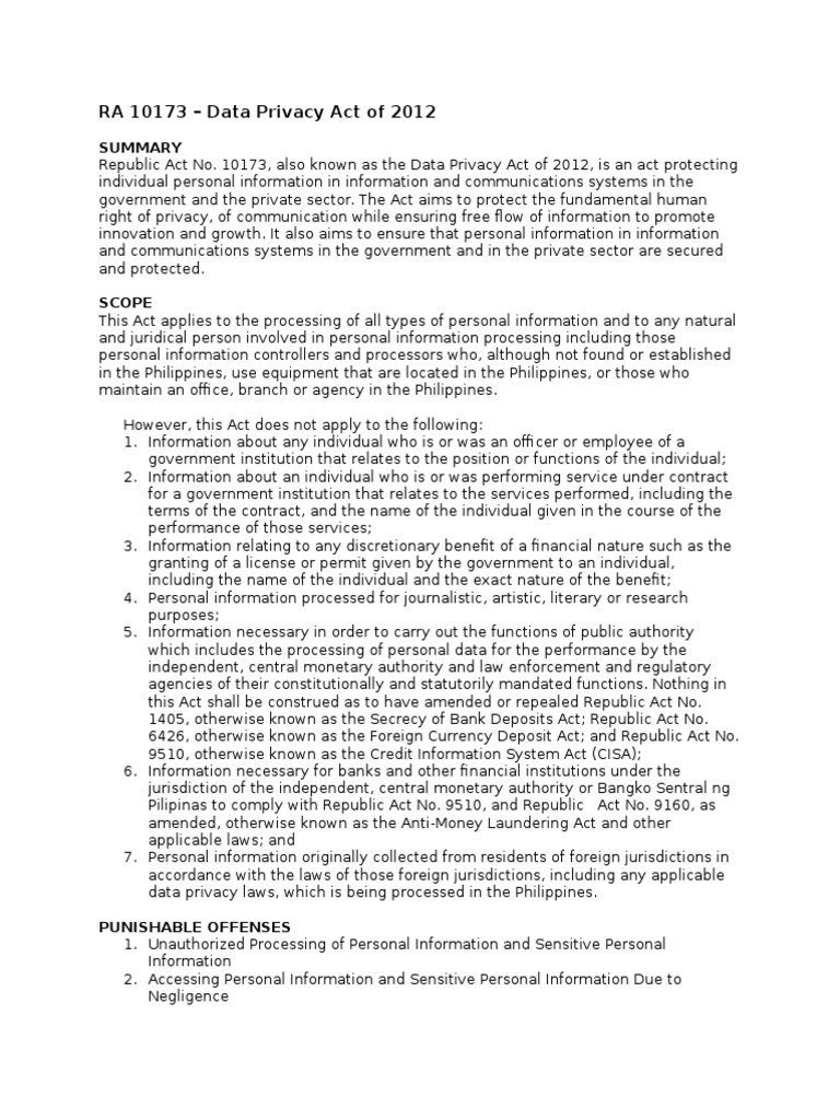 RA 10173 Data Privacy Act of 2012 | PDF | Information Privacy | Privacy