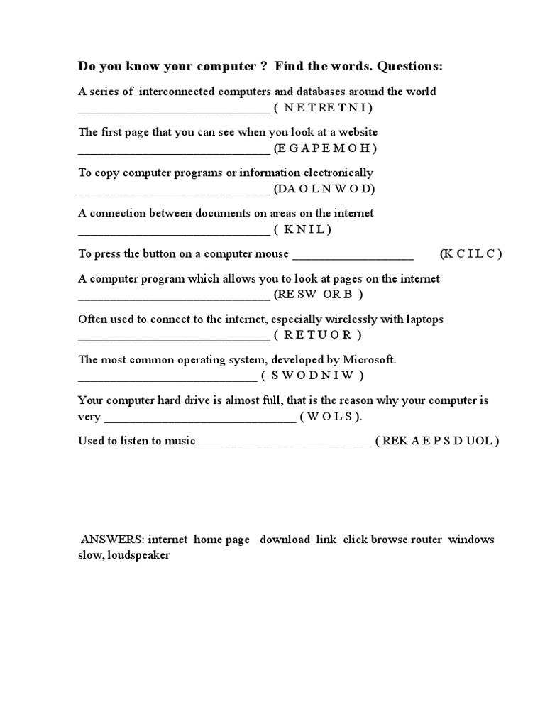 Do You Know Your Computer ? Find The Words. Questions | PDF | Computer ...