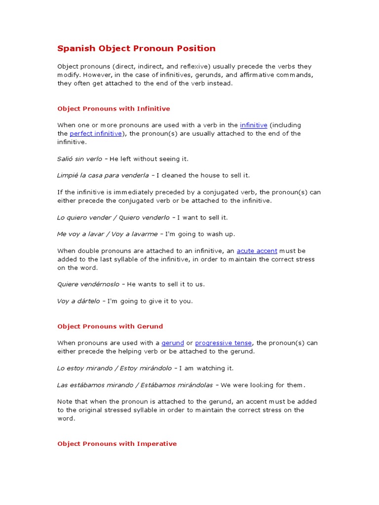 Object Pronouns in Spanish Grammar | PDF | Grammatical Gender | Stress ...