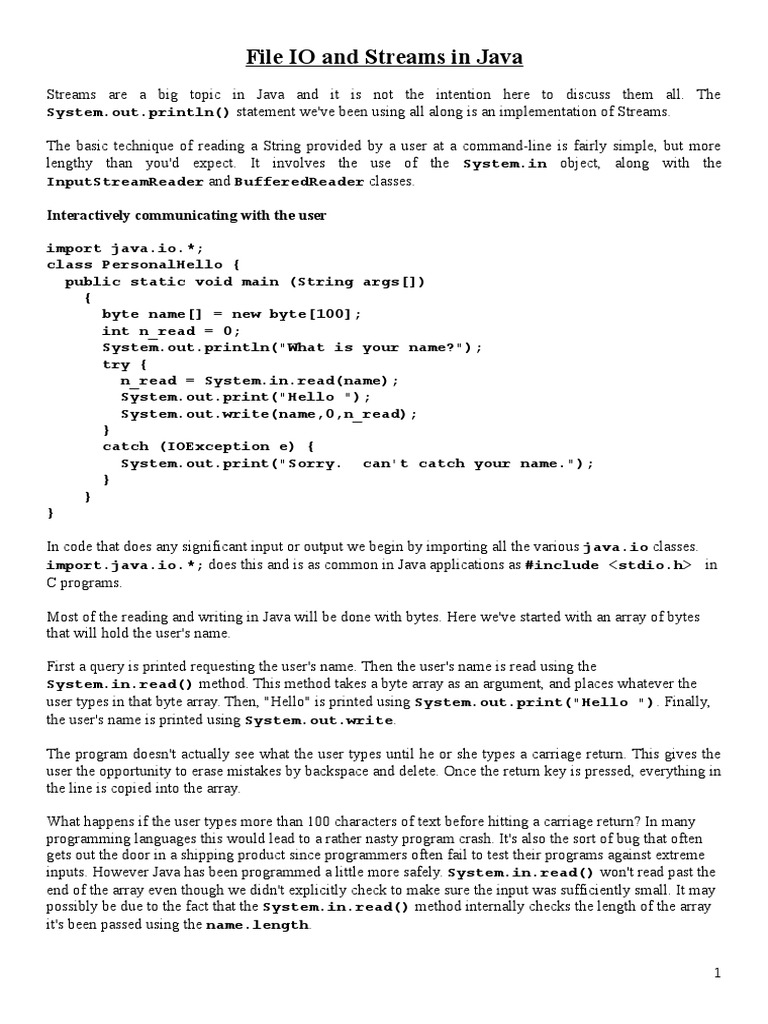 File IO and Streams in Java | PDF | String (Computer Science) | Integer (Computer Science)