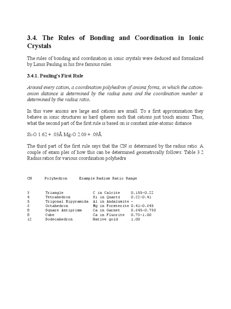 Pauling's rules of bonding and coordination | PDF | Ionic Bonding | Ion