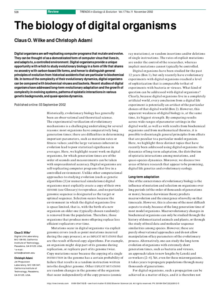 The Biology of Digital Organisms | PDF | Epistasis | Evolution