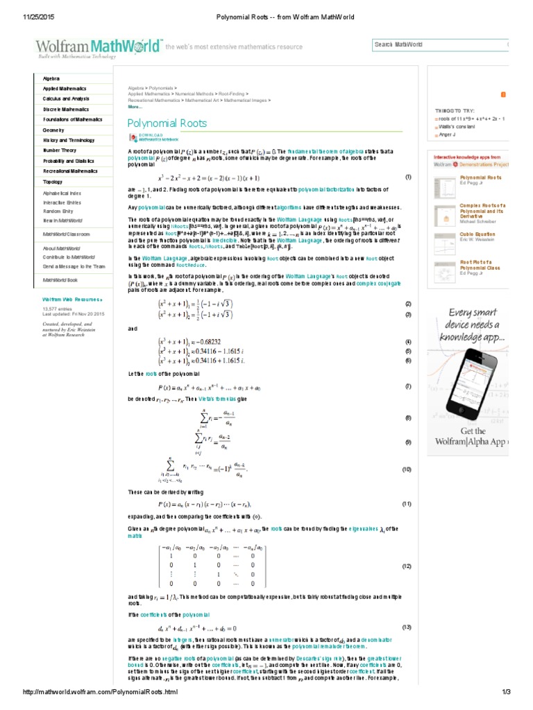 Polynomial Roots - From Wolfram MathWorld | PDF | Polynomial | Zero Of ...