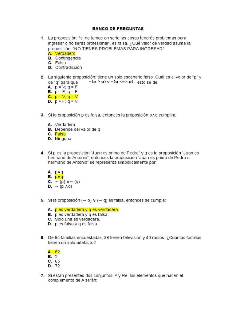 Banco de Preguntas Con Respuestas | PDF | Proposición | Porcentaje