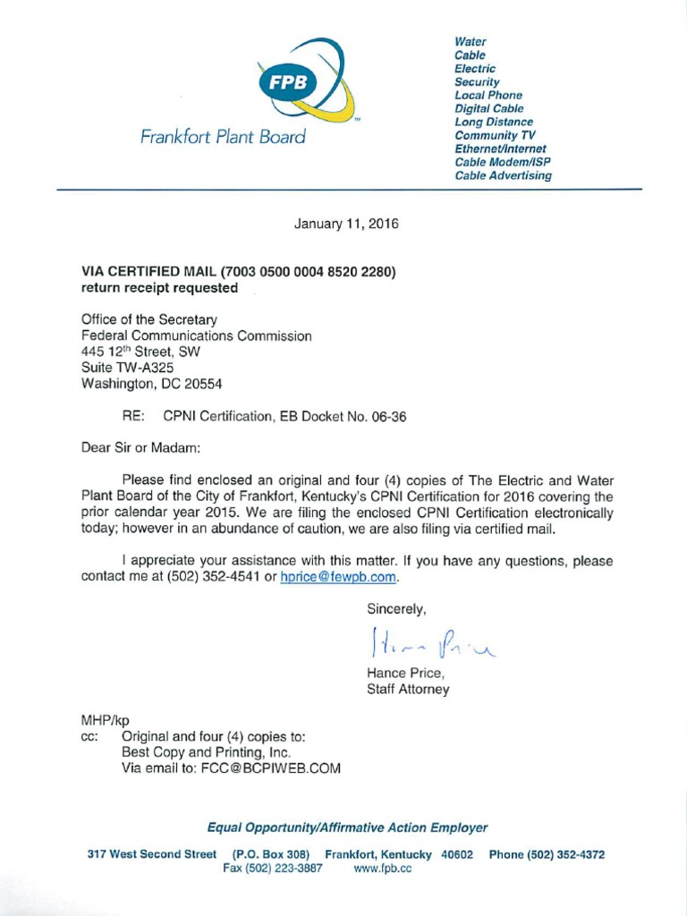 CPNI Certification 1.11.16 PDF | PDF | Regulatory Compliance | United ...