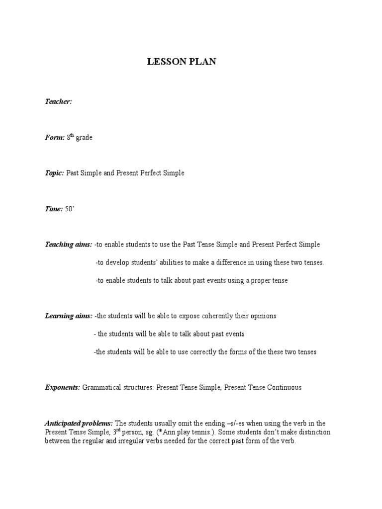 LESSON PLAN 8 Past Simple & Pres Perf | PDF | Lesson Plan | Grammatical ...