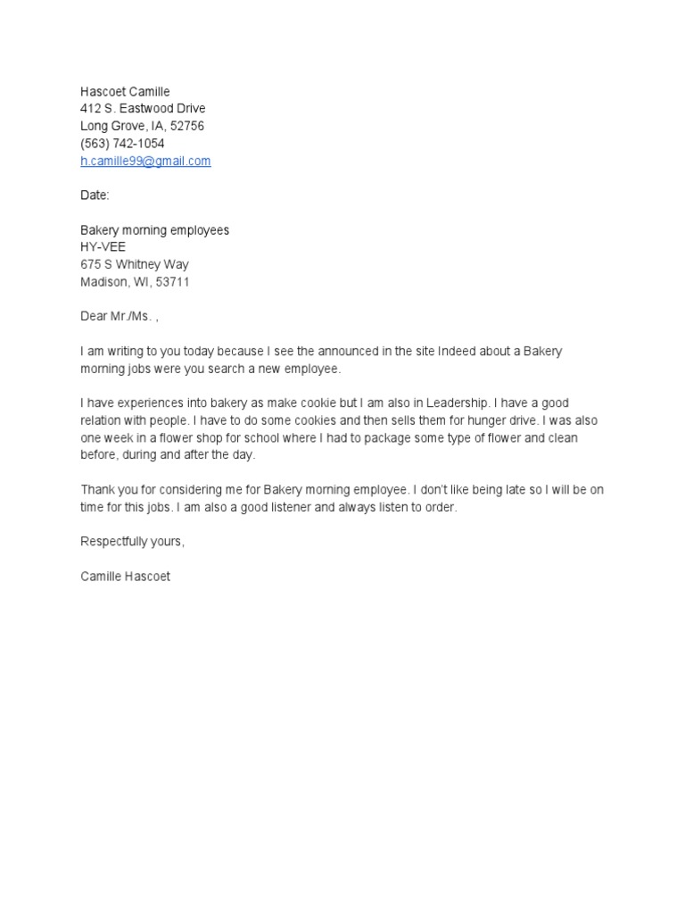 Bakery Job Application Letter | PDF