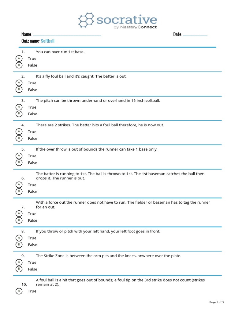 Quiz Softball | PDF | Baseball Field | Softball