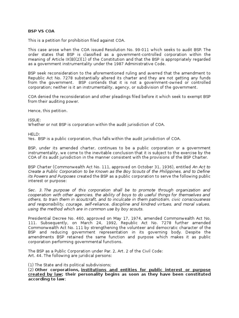 BSP Vs COA | PDF | State Owned Enterprise | Corporations