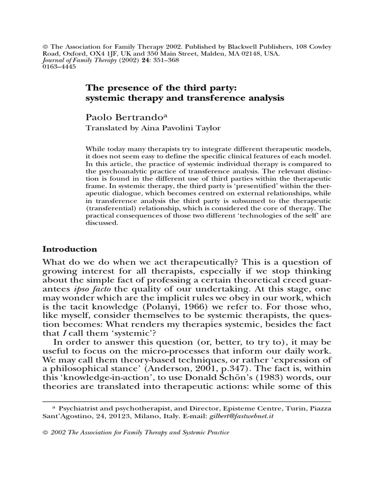 The Presence of The Third Party: Systemic Therapy and Transference ...