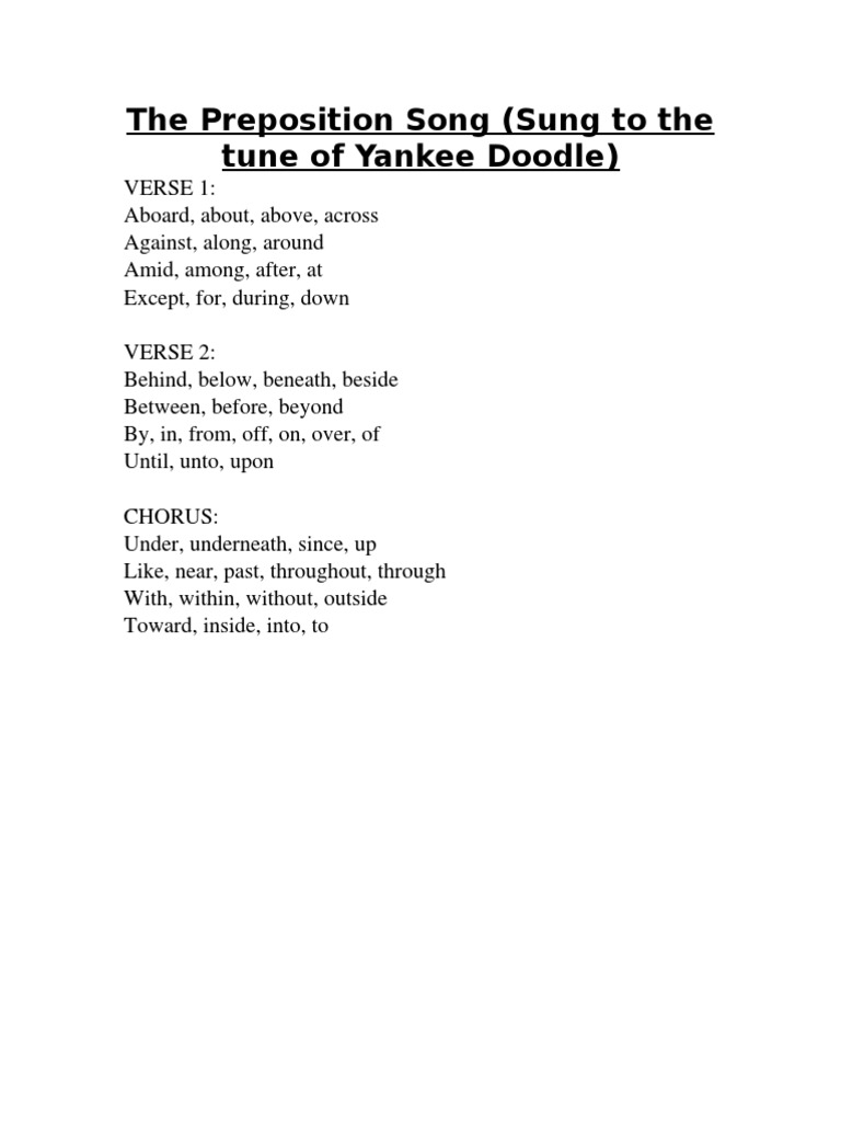 The Preposition Song (Sung To The Tune of Yankee Doodle) | PDF