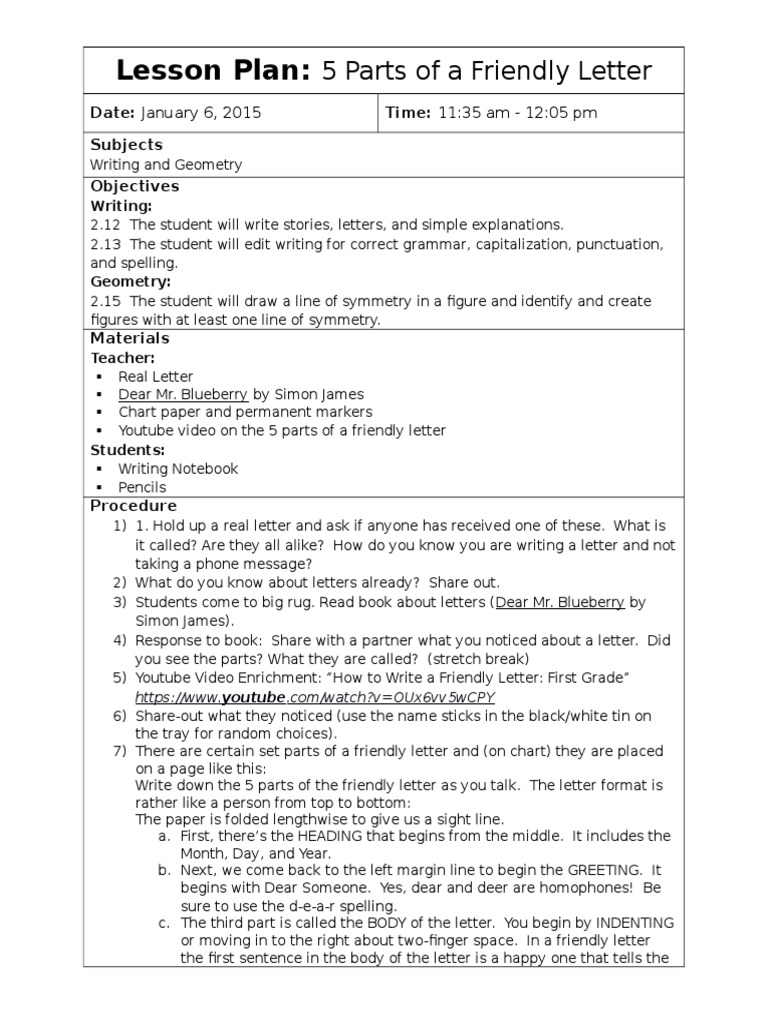 5 Parts of a Friendly Letter Lesson | PDF | Lesson Plan