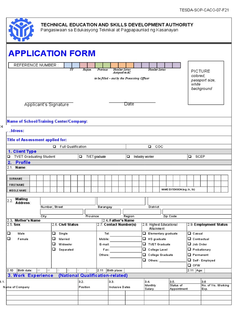TESDA Application Form | PDF