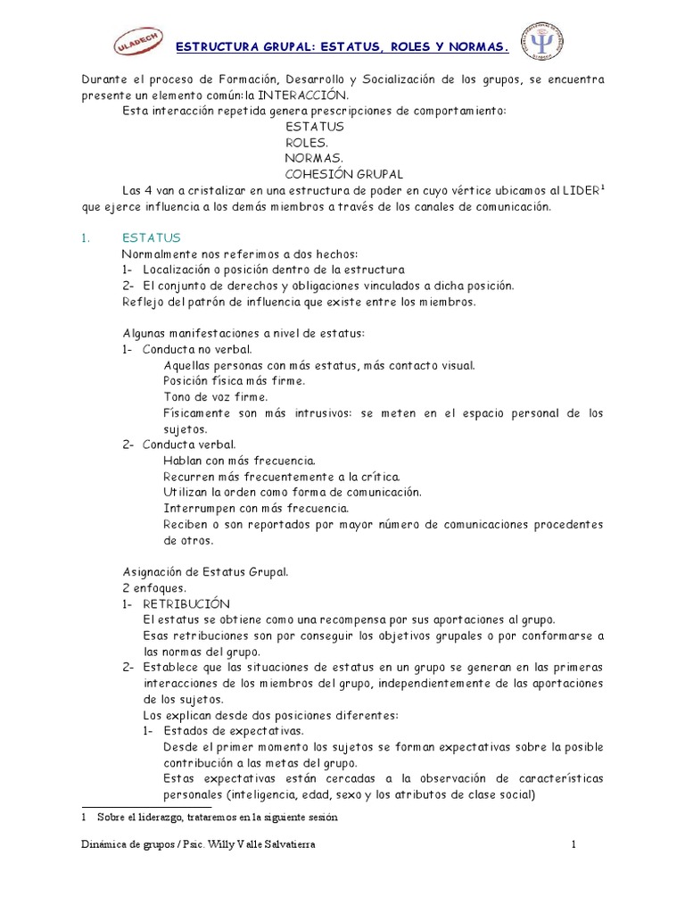 Estructura Grupal: Estatus y Roles | PDF | Comportamiento | Neurociencia