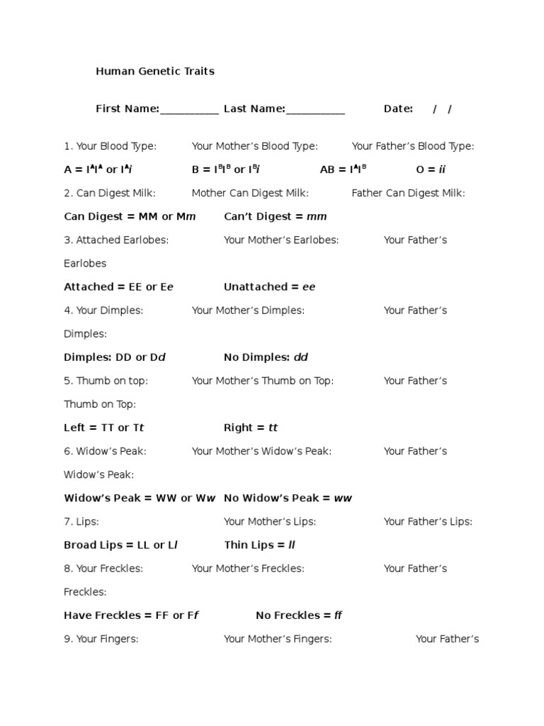 Human Genetic Traits Questionnaire | PDF