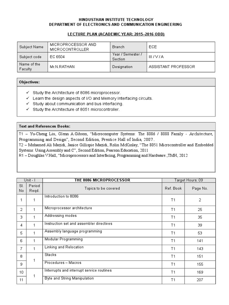 Lecturer Plan Microprocessor and Microcontroller | PDF | Microcontroller | Assembly Language