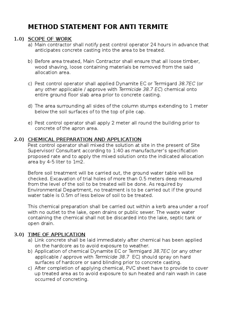 Method Statement For Anti Termite | PDF | Pest Control | Concrete