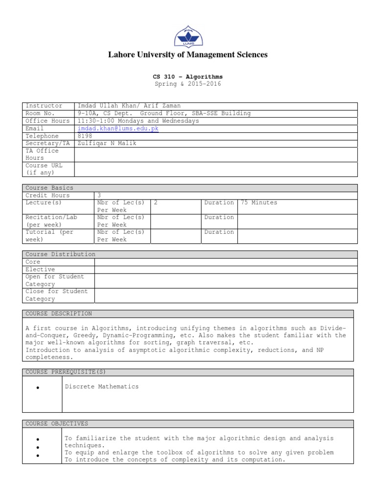 CS 310-Algorithms-Imdad Ullah Khan-Arif Zaman | PDF | Computational ...