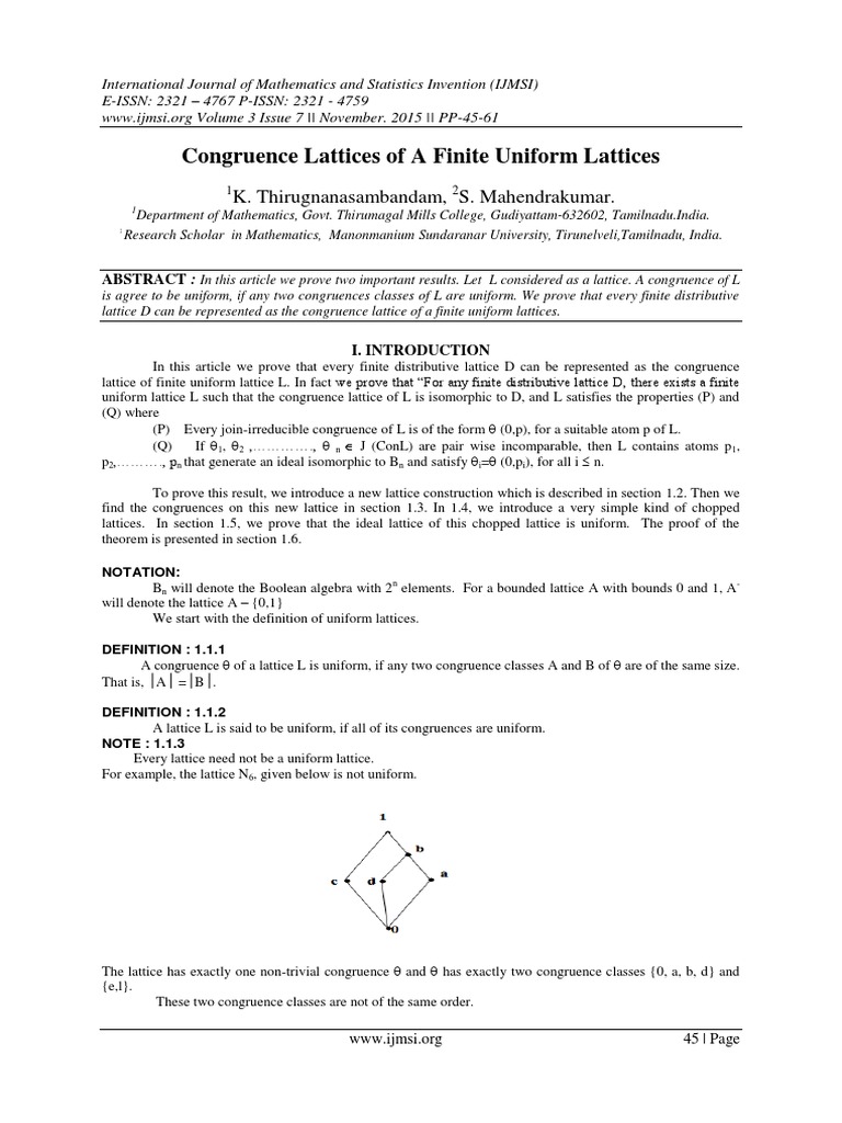 Congruence Lattices of A Finite Uniform Lattices | PDF | Visual Cortex | Mathematical Relations