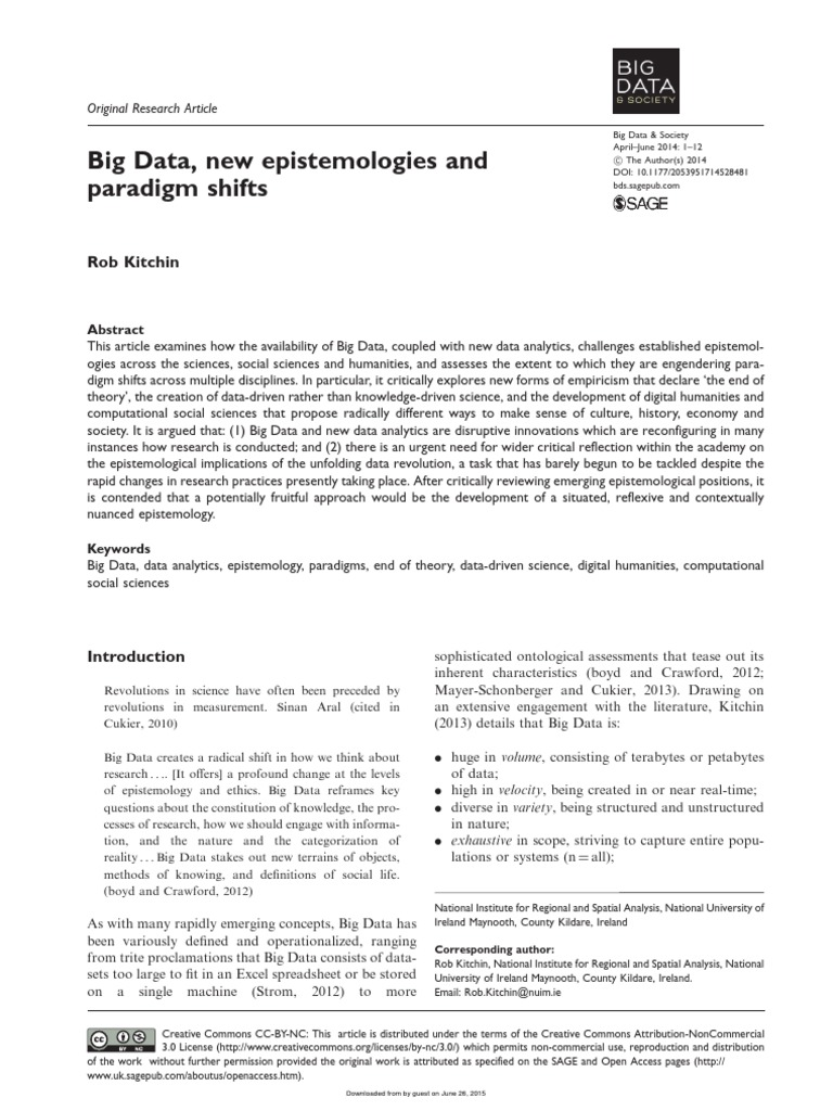 Kitchin (2014) - Big Data, New Epistemologies and Paradigm Shifts | PDF | Social Science | Big Data
