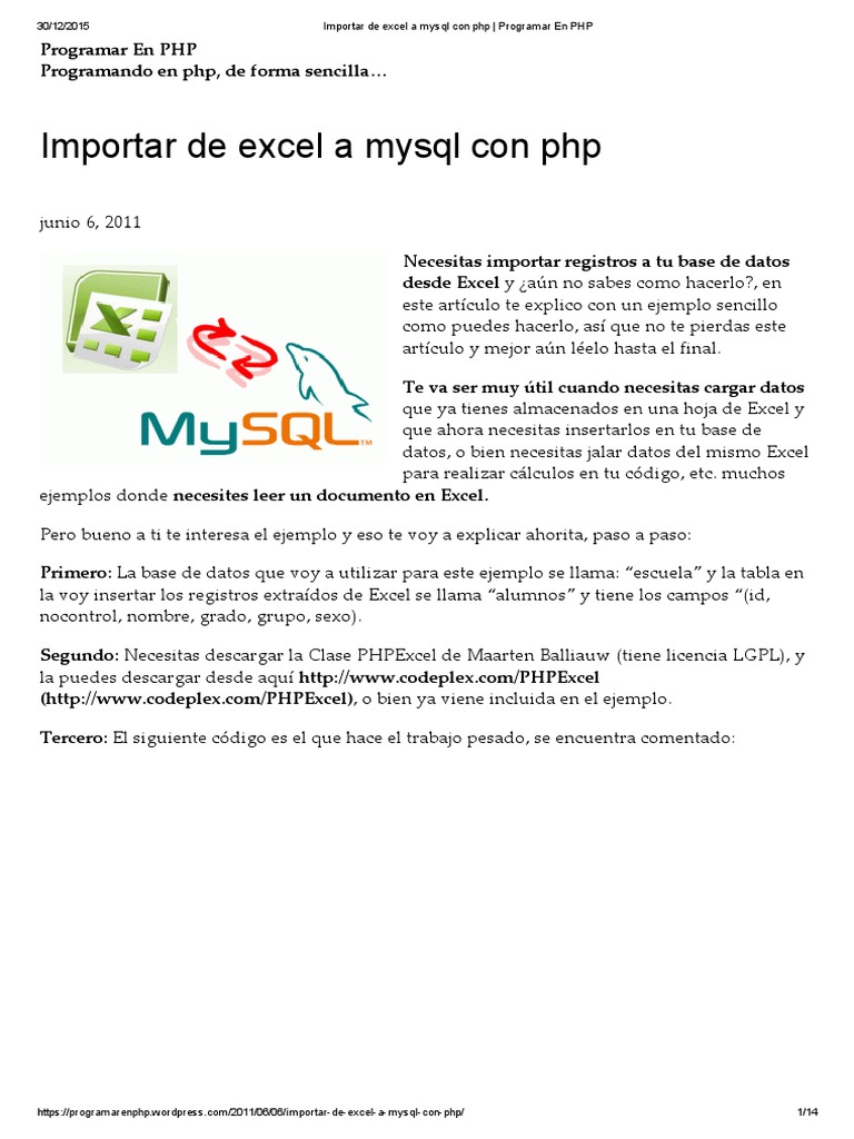Importar De Excel A Mysql Con Php Programar En Php Pdf Sql Php