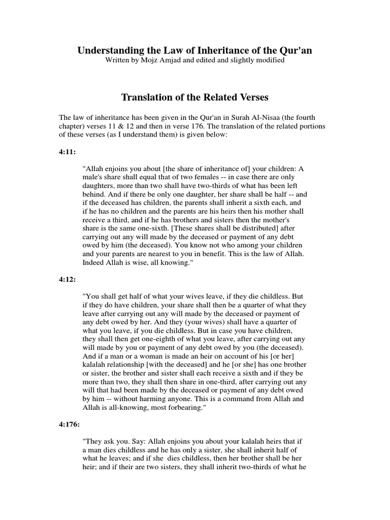 Understanding The Law of Inheritance of The Quran PDF | PDF ...