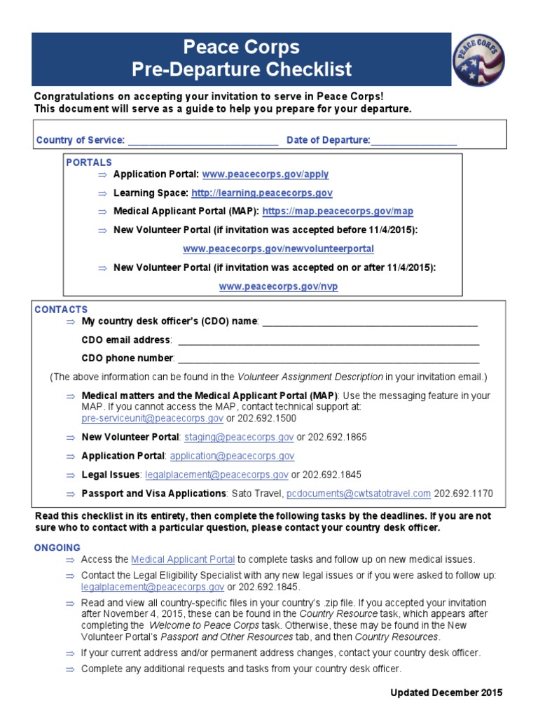 Peace Corps Pre-Departure Checklist | PDF