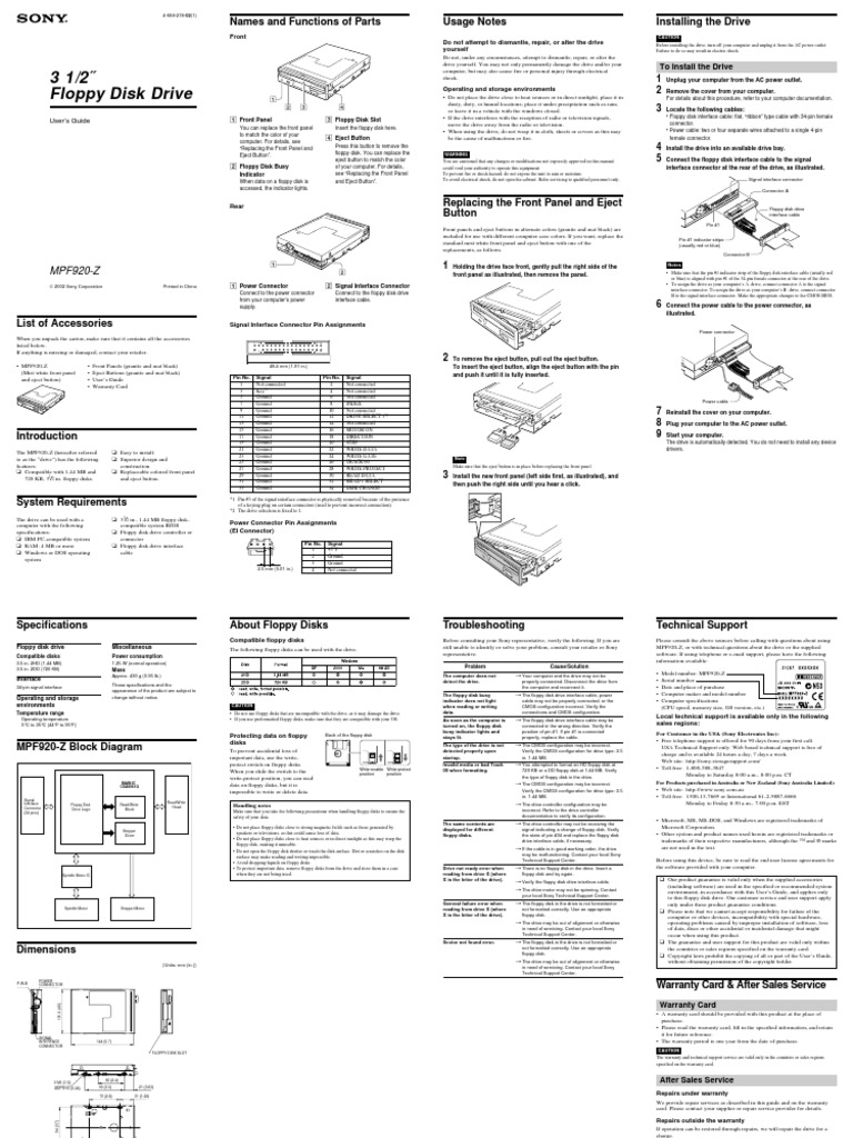Sony MPF920-Z Floppy Disk Drive | PDF | Floppy Disk | Electrical Connector