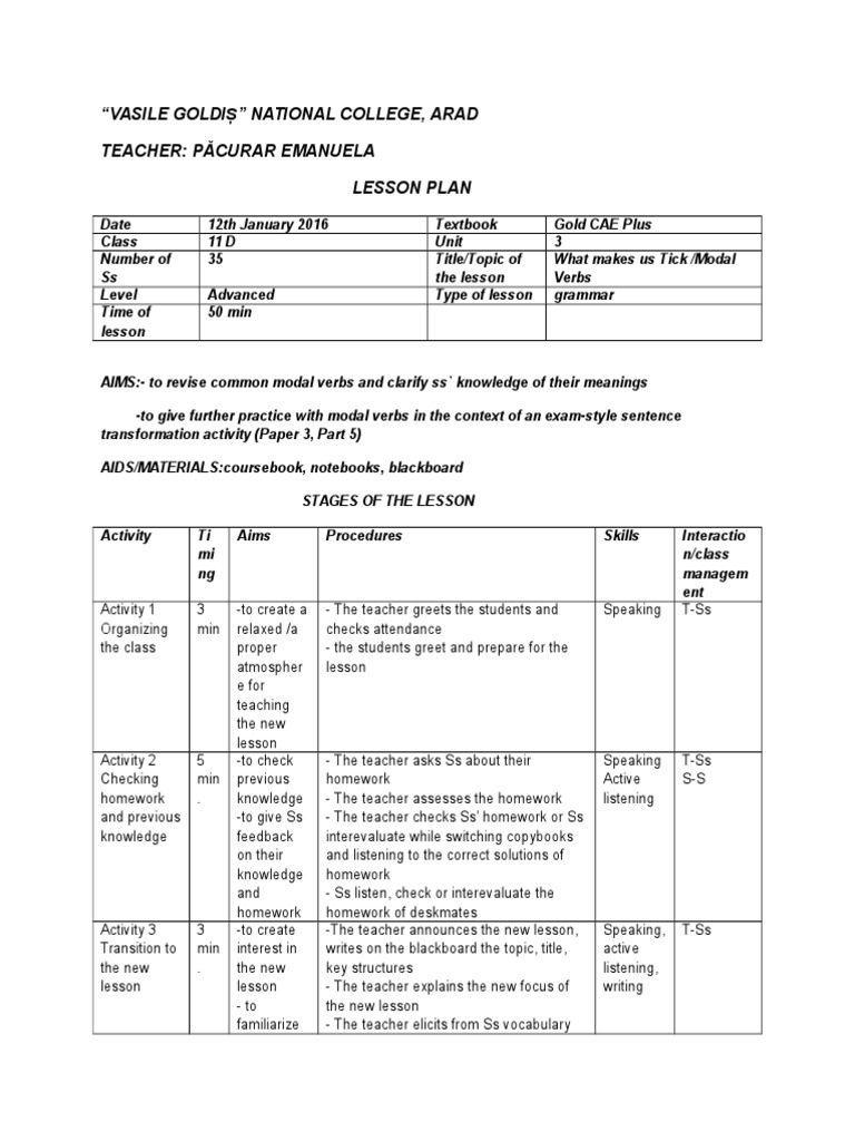 Unit 3 Modal Verbs | Lesson Plan | Verb