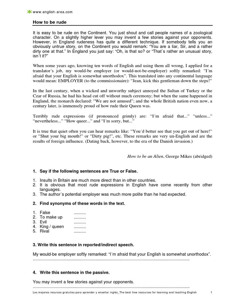 How To Be Rude: 1. Say If The Following Sentences Are True or False ...