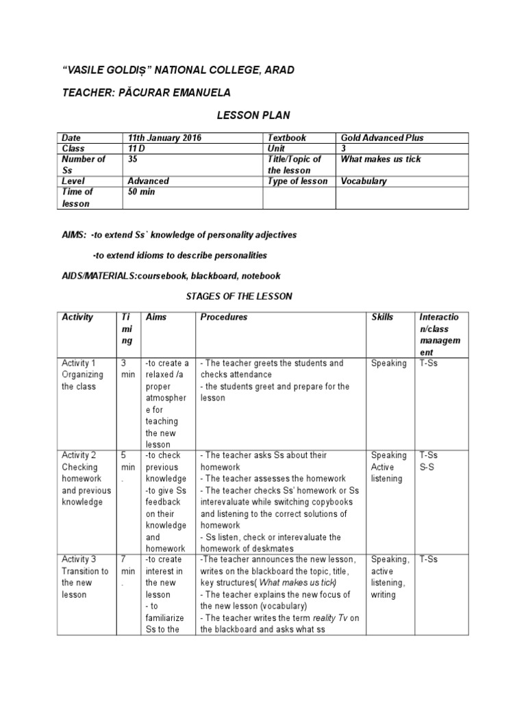 Unit 3-What Makes Us Tick Lesson Plan | PDF | Lesson Plan | Homework